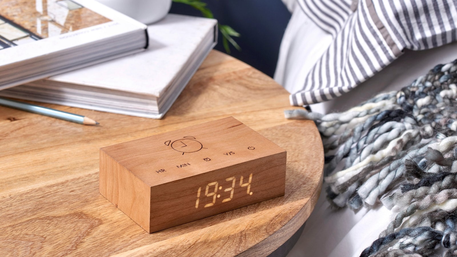 Gingko Flip Click Clock minimal alarm clock has engraved buttons and a ...