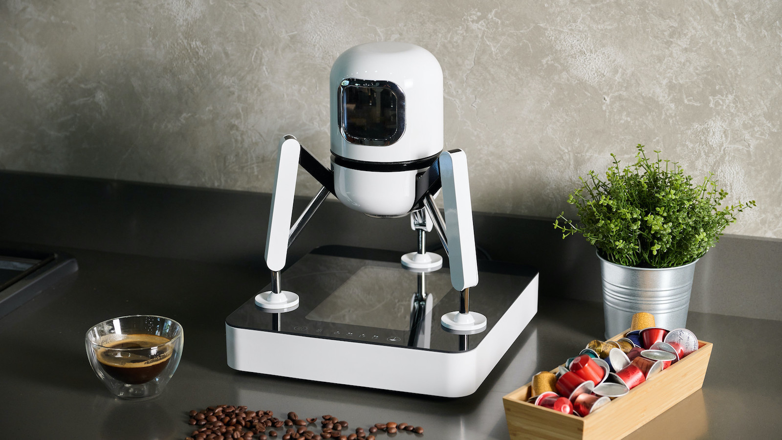 This 2-capsule extracting coffee machine provides 2-shot layered blending