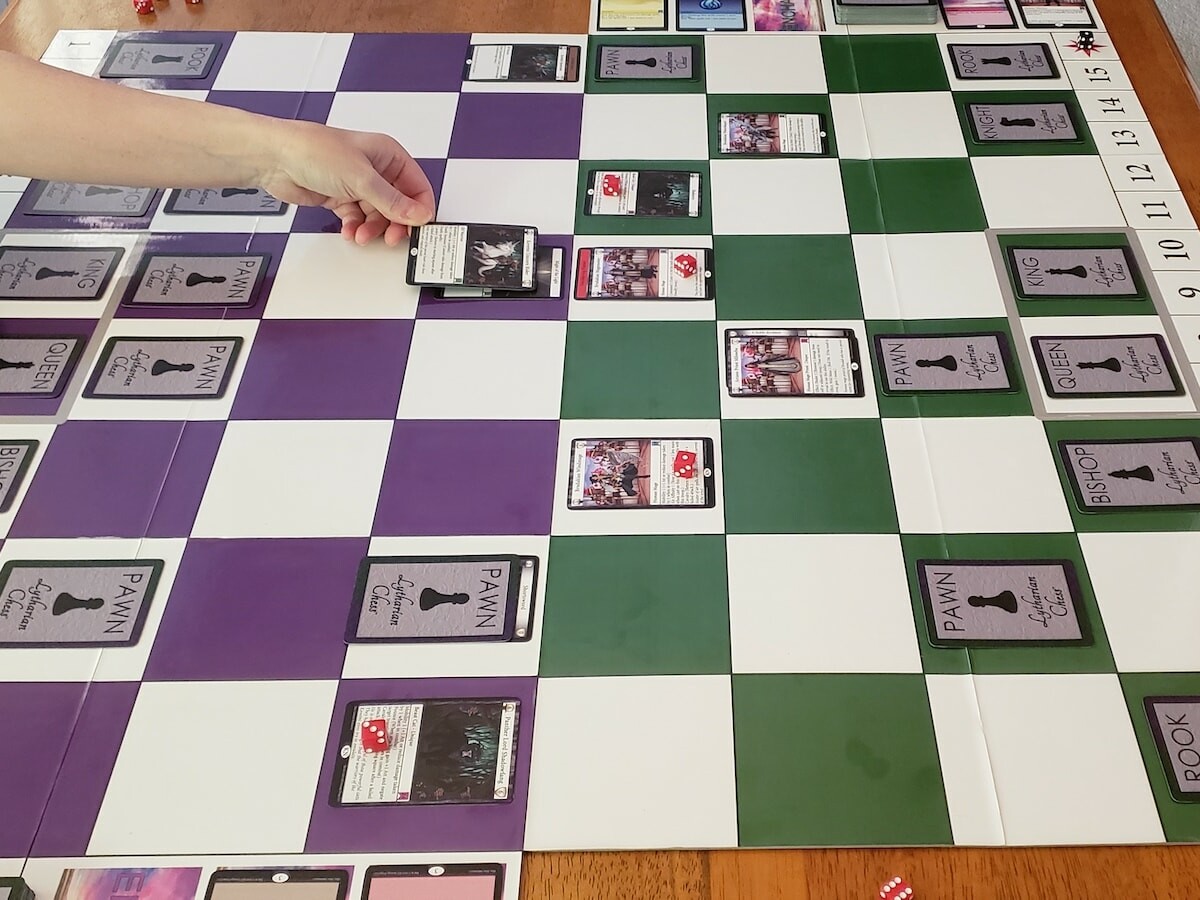 This strategic fantasy board game uses cards that move like chess pieces