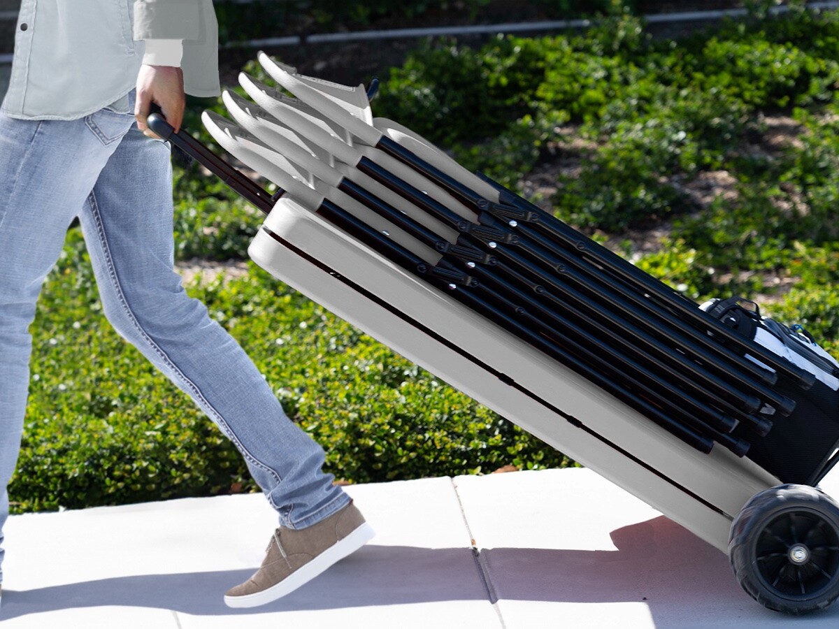 This portable folding table includes a chair rack and a cooler rack